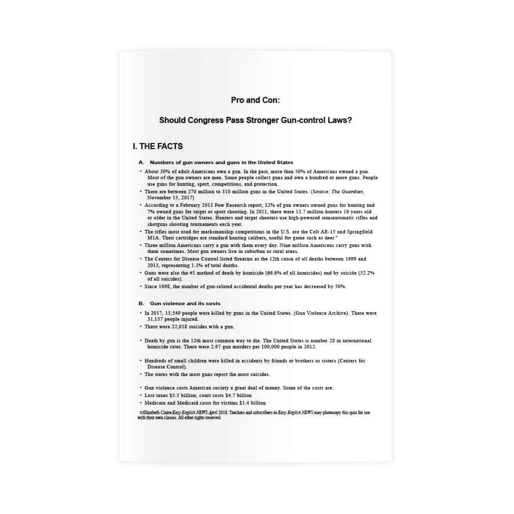 More Gun Control? Pros and Cons | Elizabeth Claire's ESL Materials